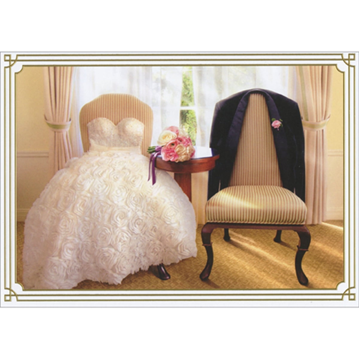 Avanti Press Dress and Tuxedo Jacket Draped Over Striped Chairs ...