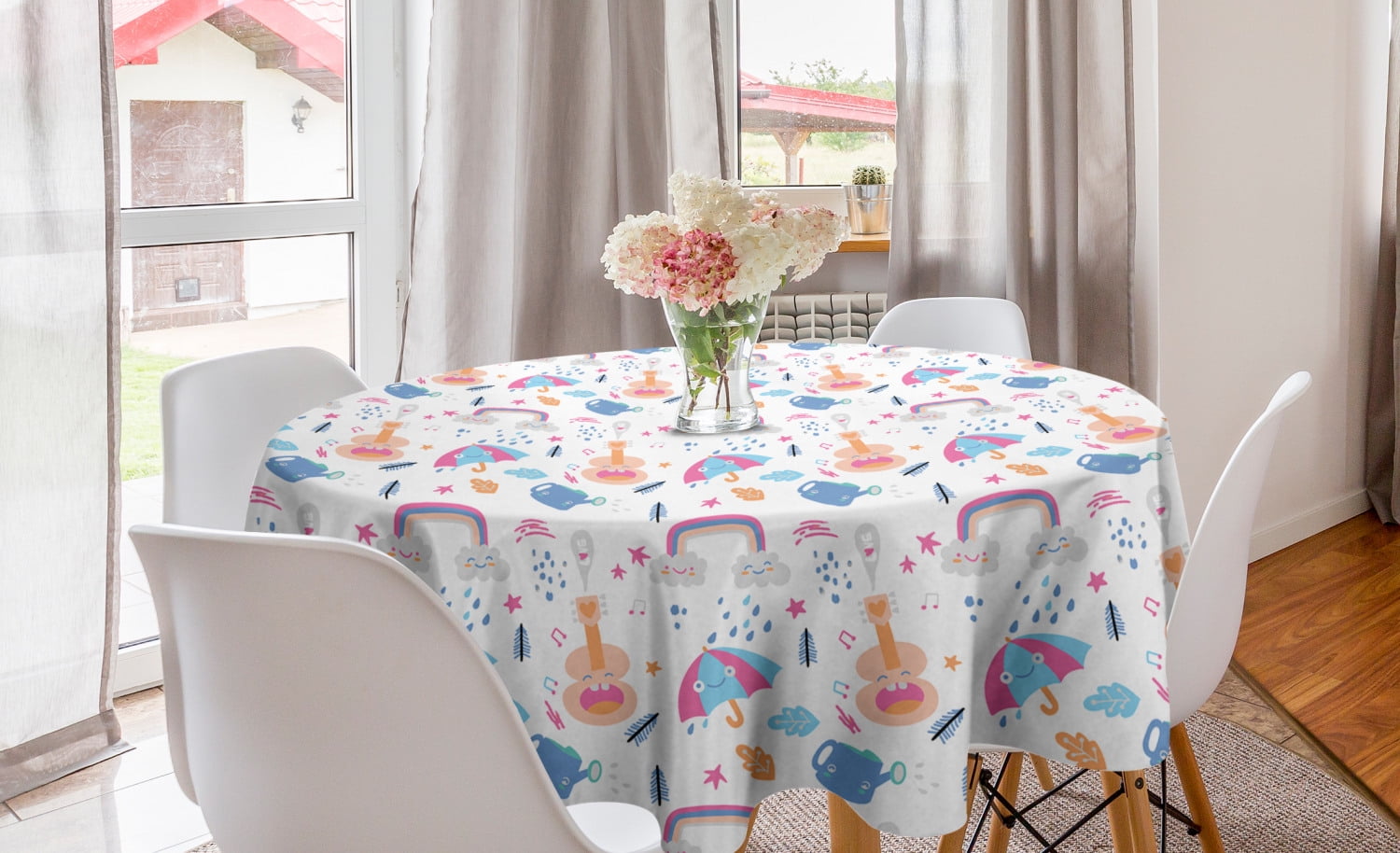 Doodle Round Tablecloth, Colorful Funny Various Items Pattern Rainbow ...