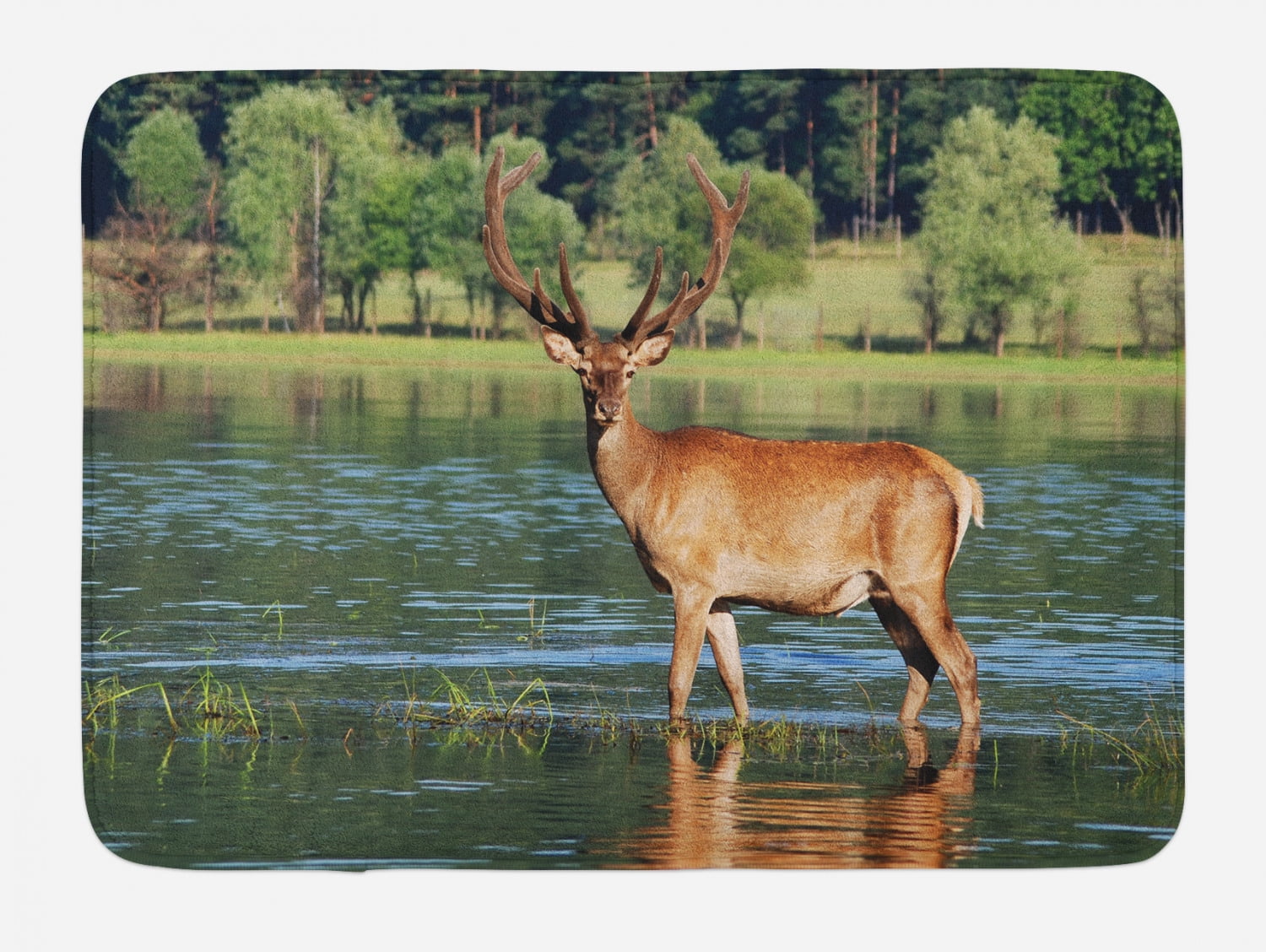 Deer Bath Mat, Cute Mountain Deer in the Water with a Forest Background ...