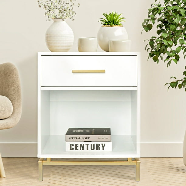 Eumyviv White Modern Rectangle Nightstand, Accent Side Table with 1 ...