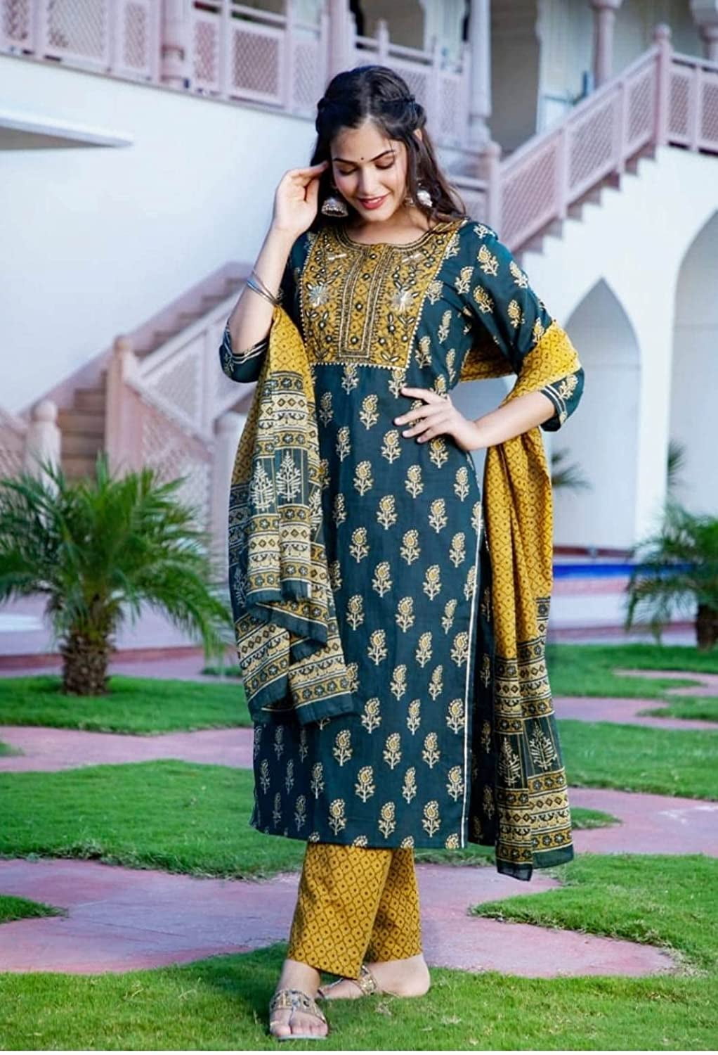 Aizza Trends Women's Rayon Febric Hand Embrodiery Work Straight Kurta With Pant and Dupatta Set ...