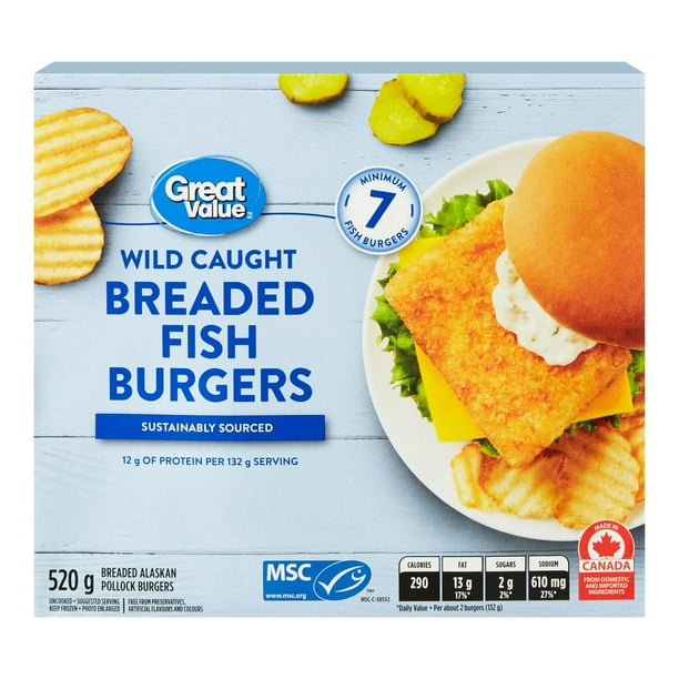 Great Value Breaded Fish Burgers, 520 g - Walmart.ca