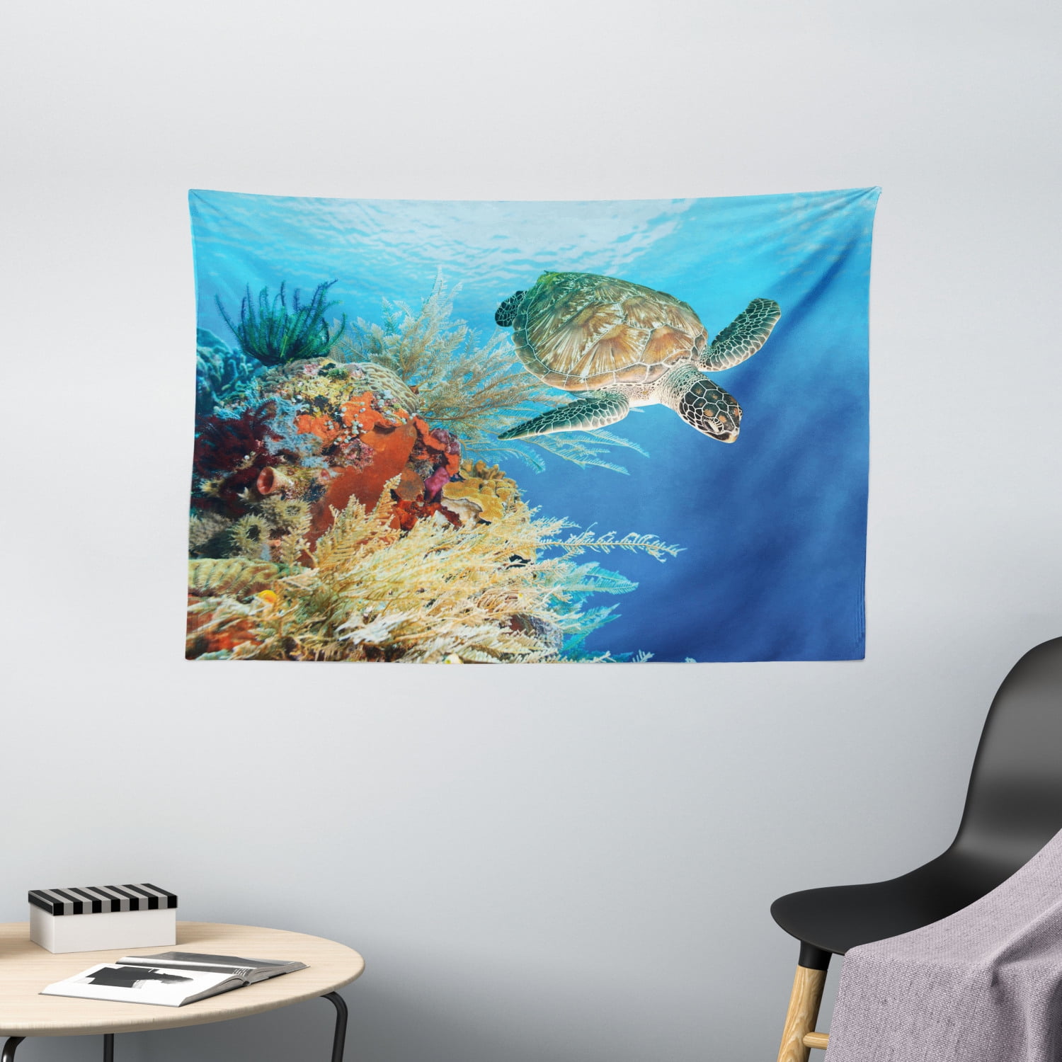 Turtle Tapestry, Colorful Underwater with Turtle Swimming Among the ...