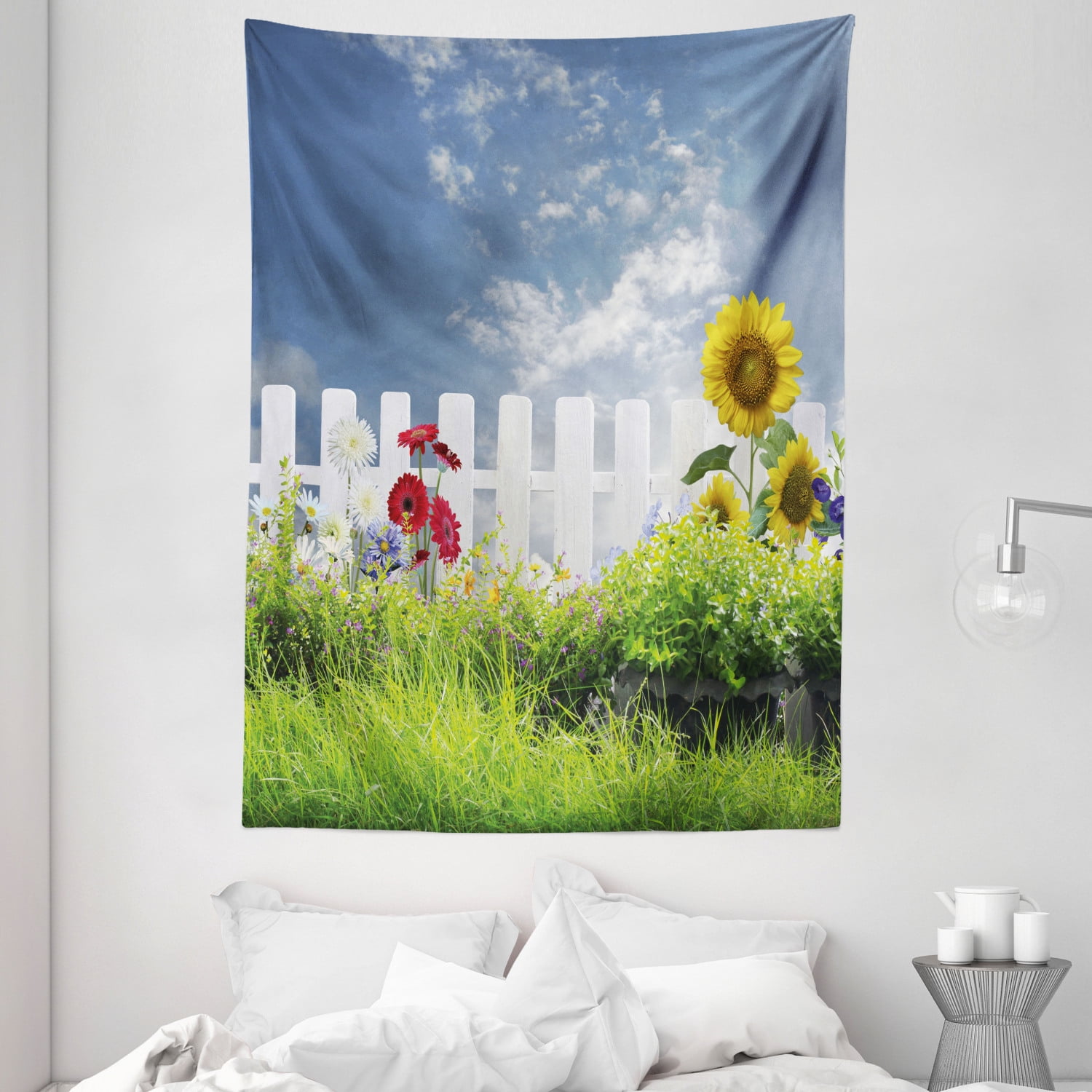 Rustic Tapestry, Grass Foliage Field with Sunflowers Daisy Hedge Fence ...