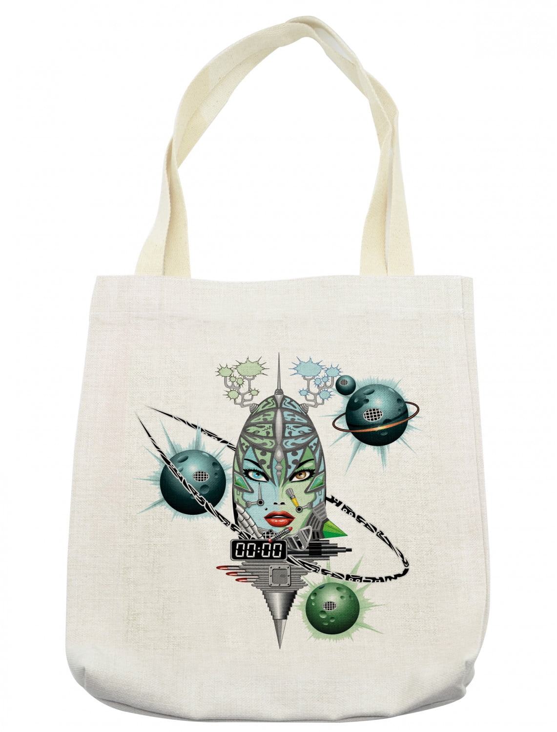 Colorful Tote Bag, Pattern of Futuristic Girl Fantasy World Items Clock ...