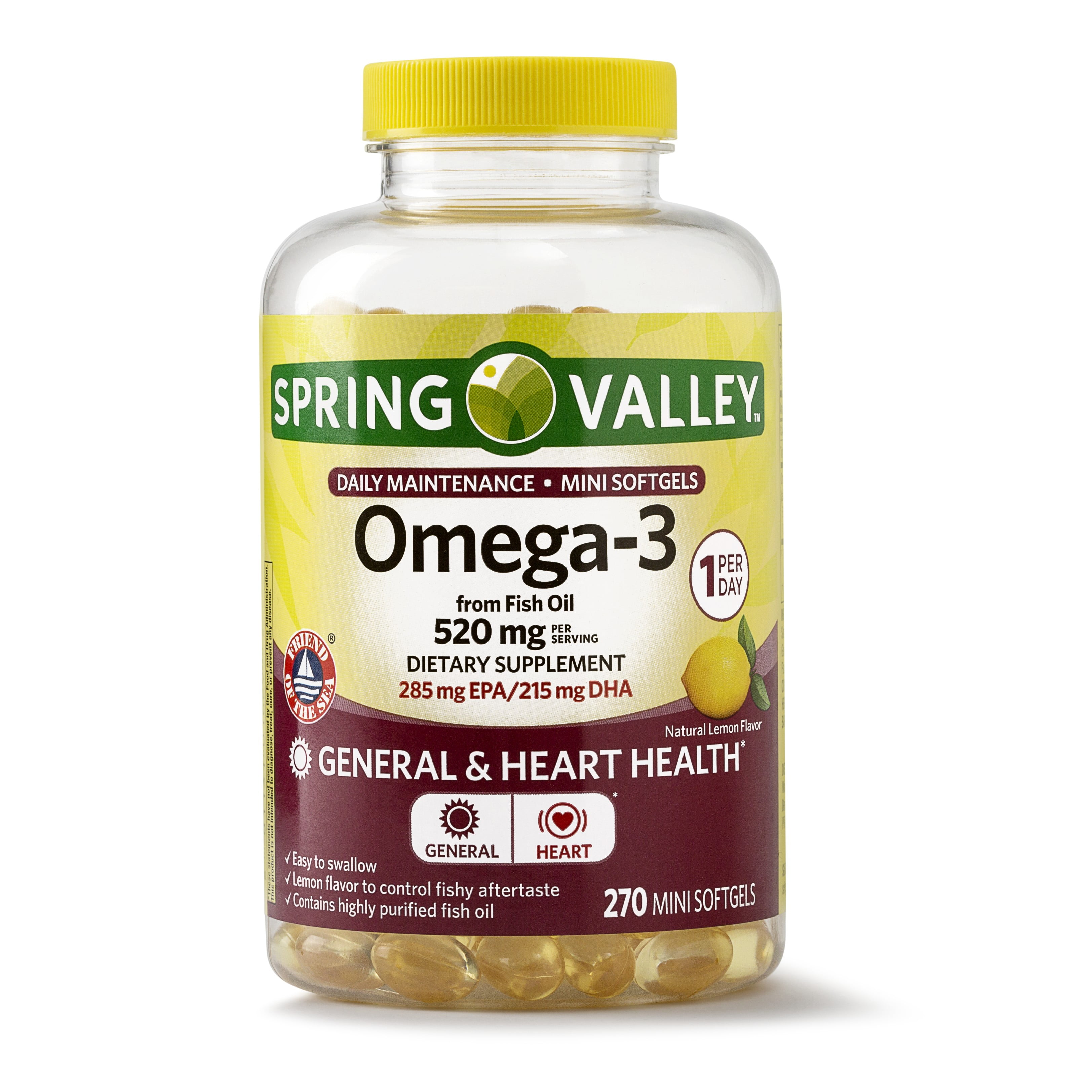Spring Valley Omega-3 Fish Oil Mini Softgels, 520 mg, 270 ct, Daily ...