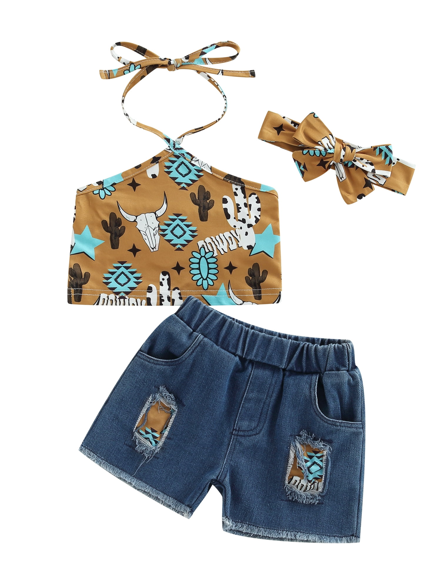 Wassery Baby Girl 3Pcs Western Clothes Sleeveless Halter Tops + Denim Shorts + Headband Set 6M ...