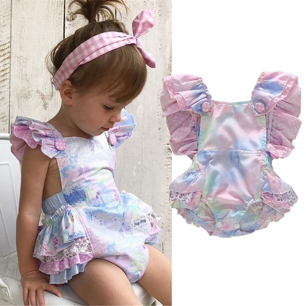 Actoyo Infant Baby Girl Ruffled Sleeve Tie dye Sunsuit Romper Outfit ...