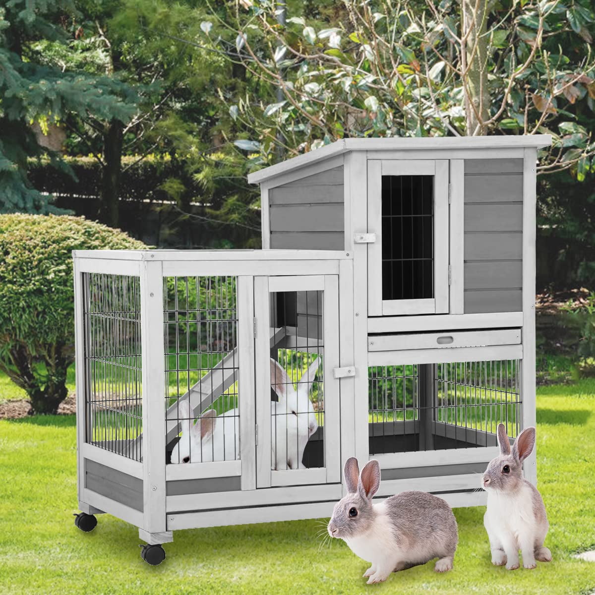 Large Rabbit Cages 37 inch Wood Rabbit Hutch Indoor with Wheels, Indoor ...