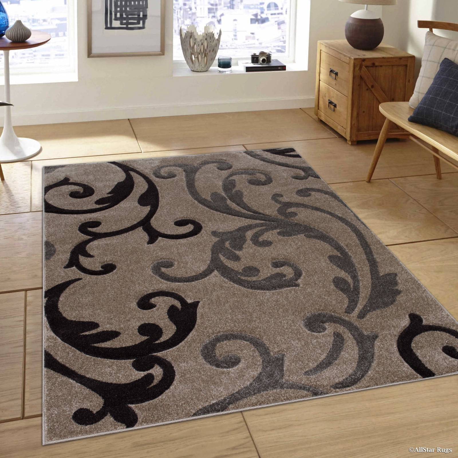 Brown / Beige Allstar with Brown Floral Design Modern Geometric Area ...