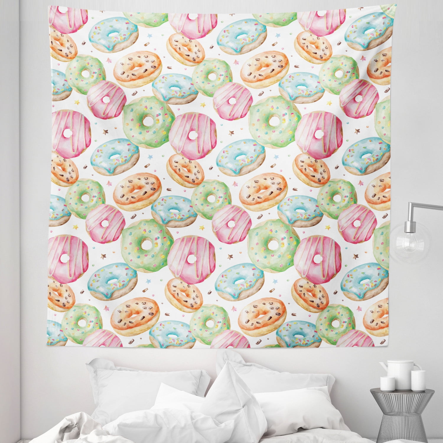 Watercolor Tapestry, Delicious Donuts Pattern Various Flavors Sprinkles Stars Background, Fabric ...