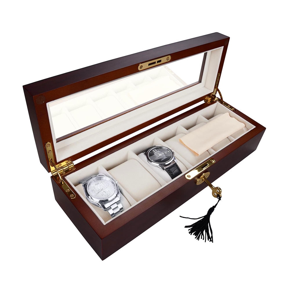 Yescom 6 Slots Wooden Watch Box Walnut Watch Display Case Holder Glass ...