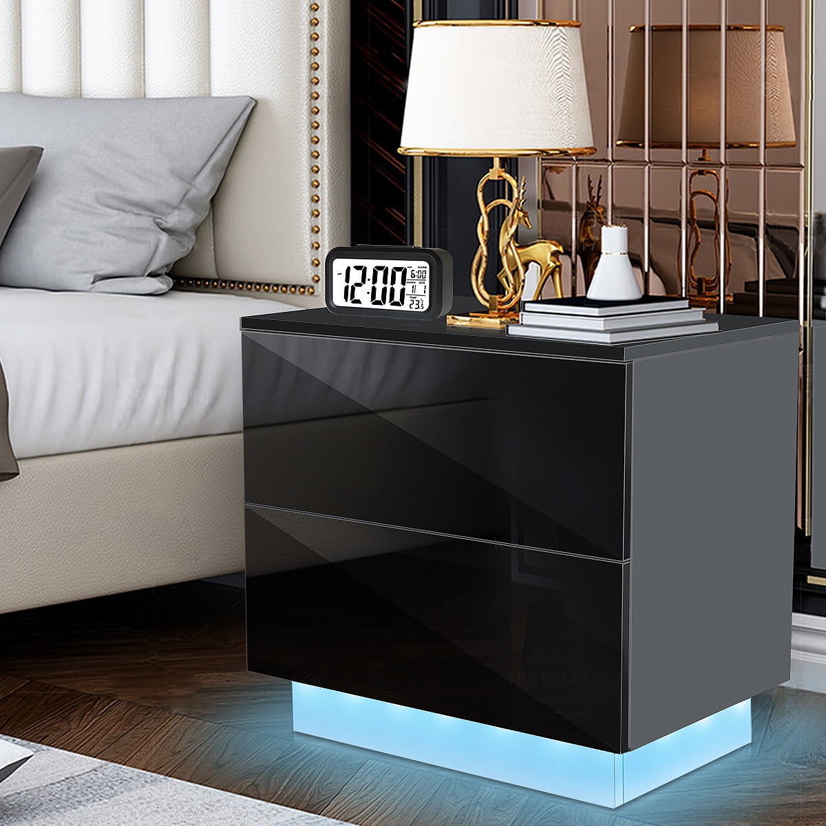 Modern High Gloss LED Nightstand with 2 Drawers and RGB Backlight for ...