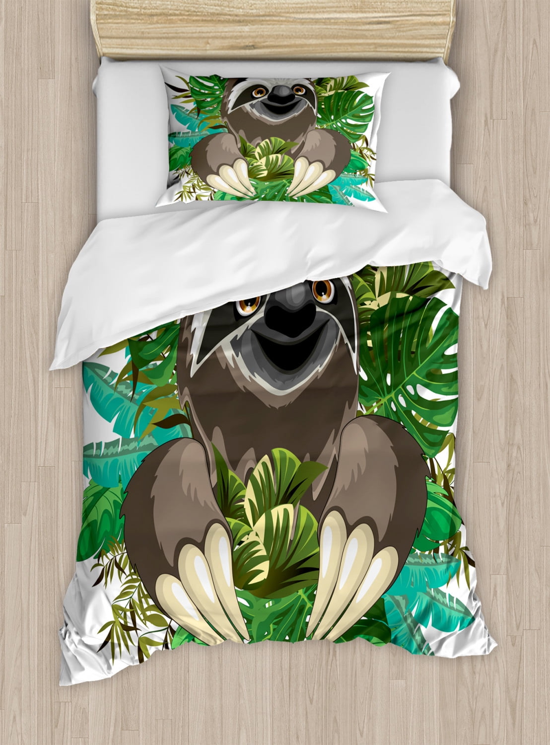 Sloth Duvet Cover Set Twin Size, Cartoon Mammal on Tropical Jungle with ...