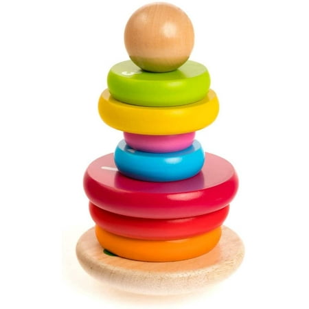 Stacking Tower Wood, Ring Pyramid Colorful with 7-Piece Wooden Button ...