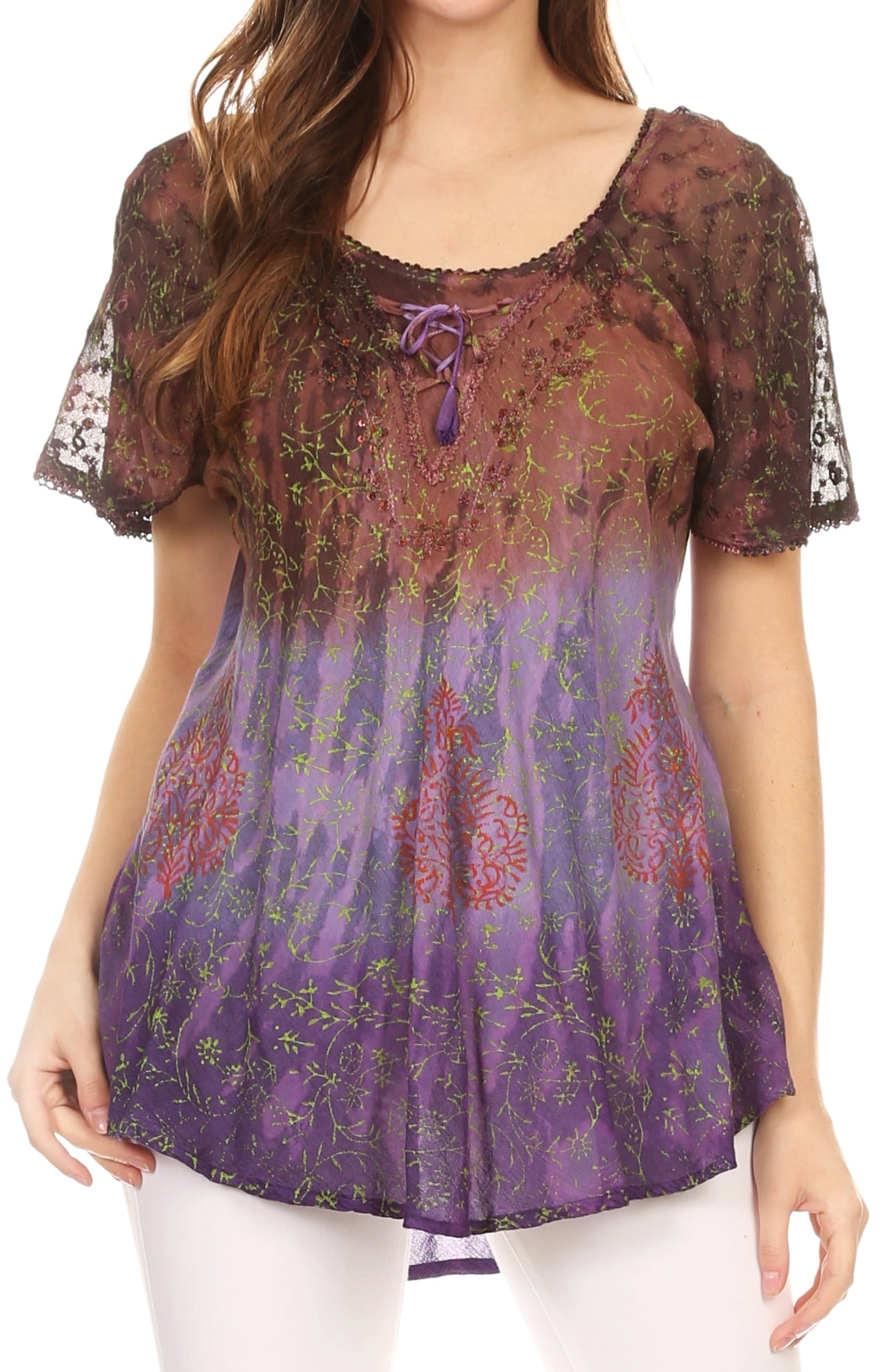 Sakkas Nayen Tie-Dye Sheer Cap Sleeve Embellished Relaxed Fit ...