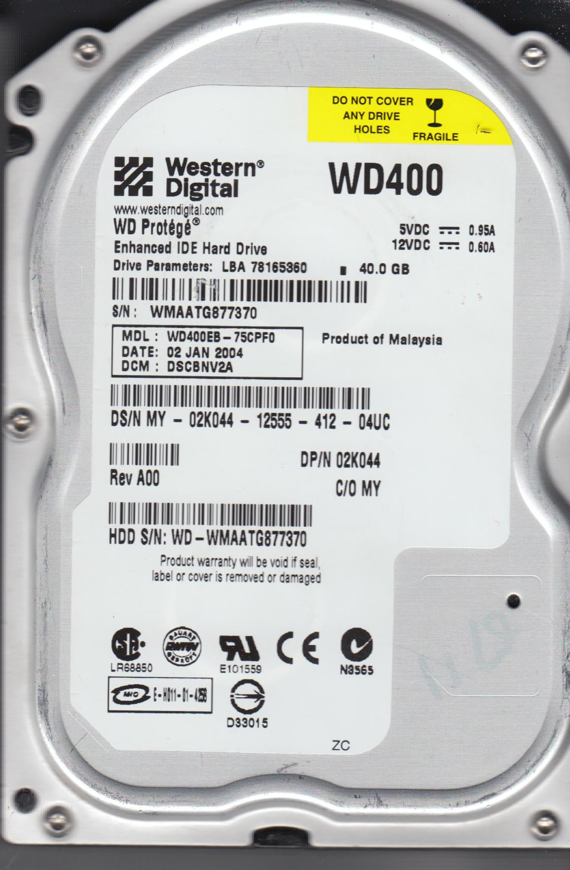 WD400EB-75CPF0, DCM DSCBNV2A, Western Digital 40GB IDE 3.5 Hard Drive ...