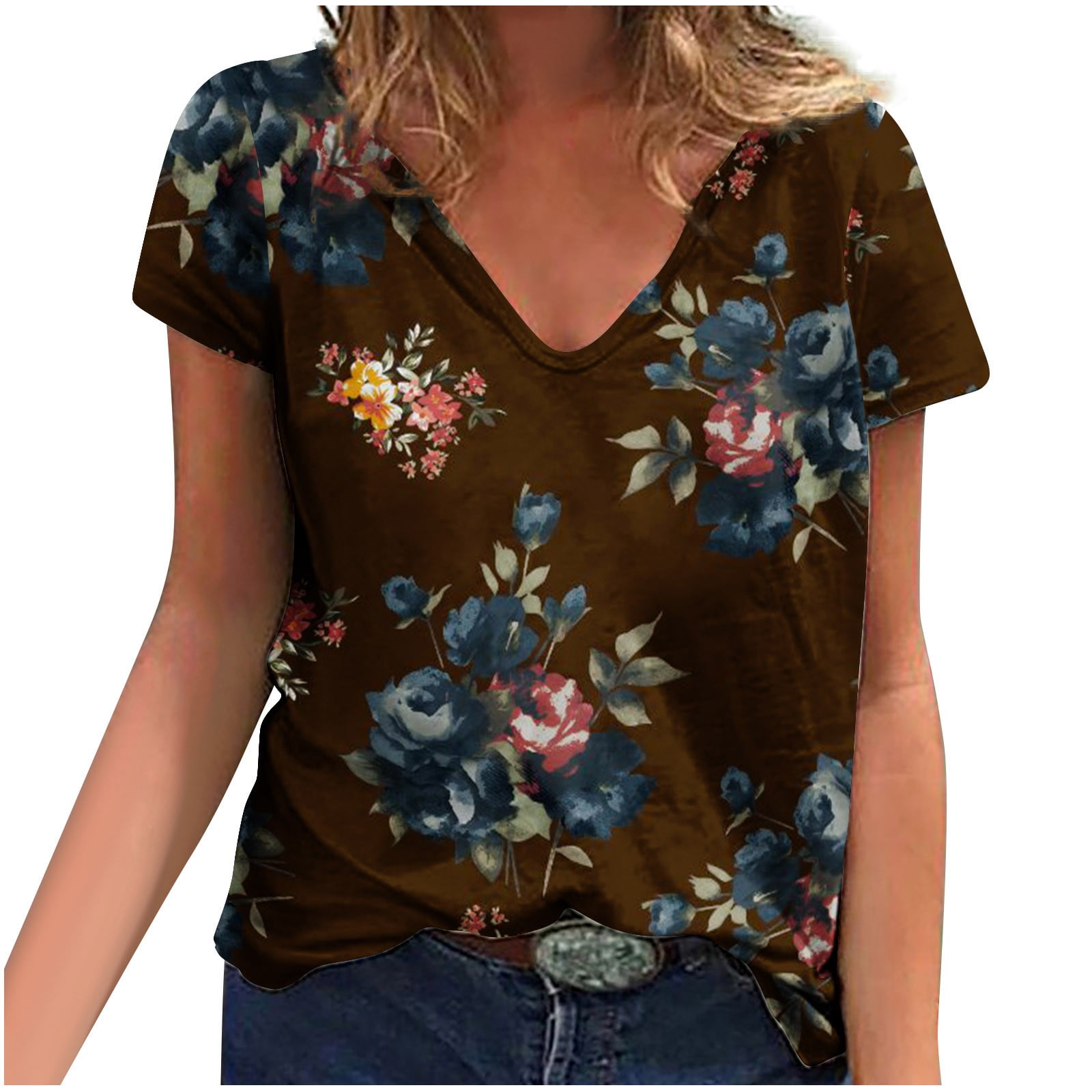 ZVAVZ Petite Tops for Women, Ladies Fashion Floral Print Tops Short ...