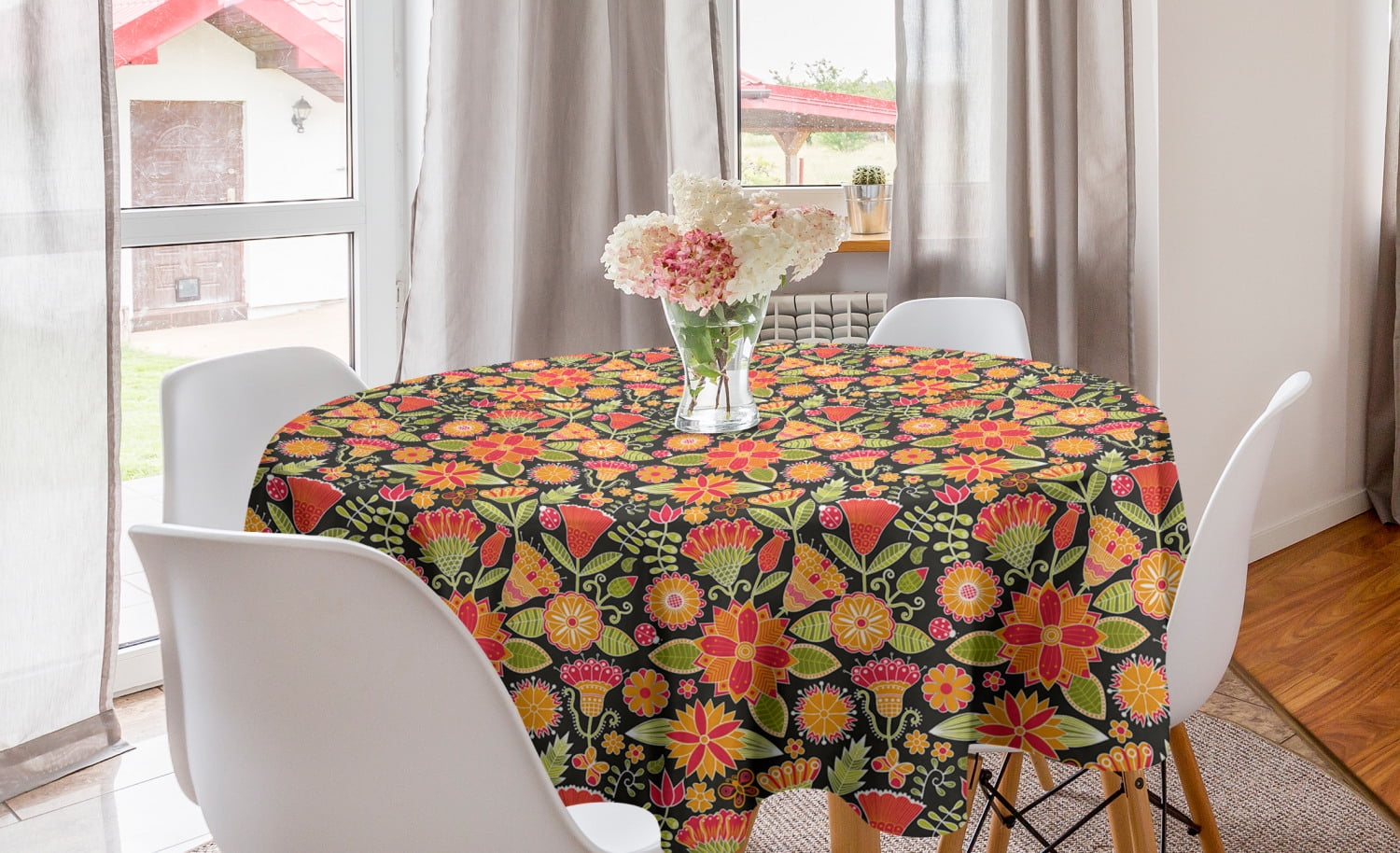 Floral Round Tablecloth, Polish Folk Art Style Rhythmic Colorful ...