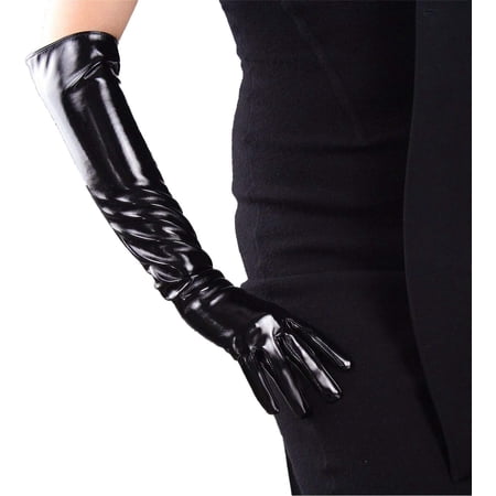 DooWay Black Super Long Leather Gloves for Women Faux Patent PU Sexy ...