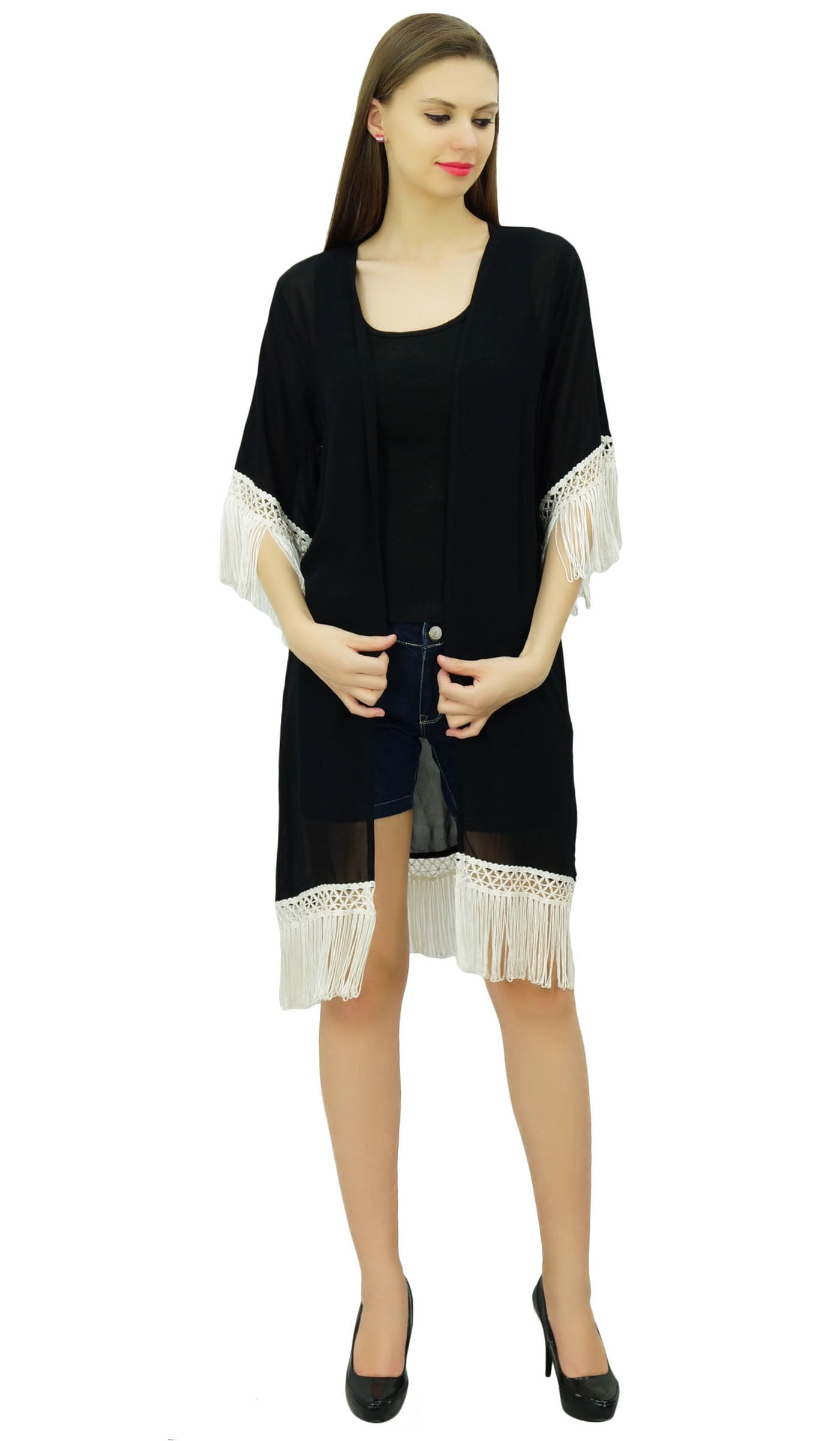 Bimba Women Beach Coverup Sheer Georgette Trendy Tassel Shrug - Walmart.com