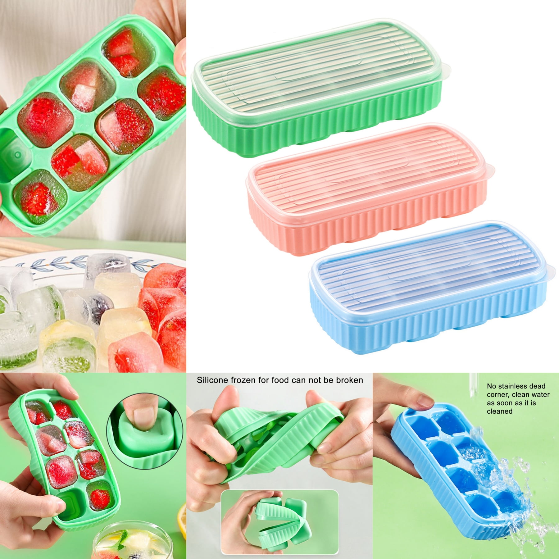 HEVIRGO 3Pcs 8-cavity Ice Cube Mold with Lids, BPA Free Silicone Mini ...