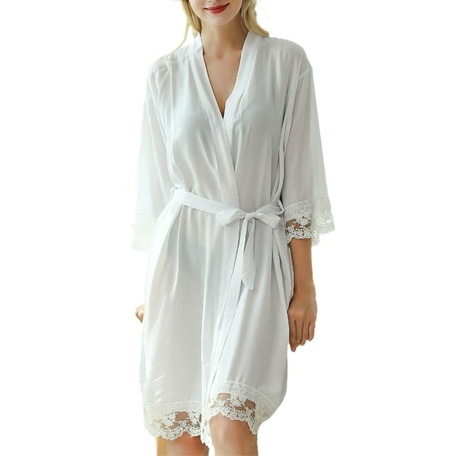 Biekopu Women Silk Robes Lace Trim Short Satin Sleepwear 3/4 Sleeve V ...