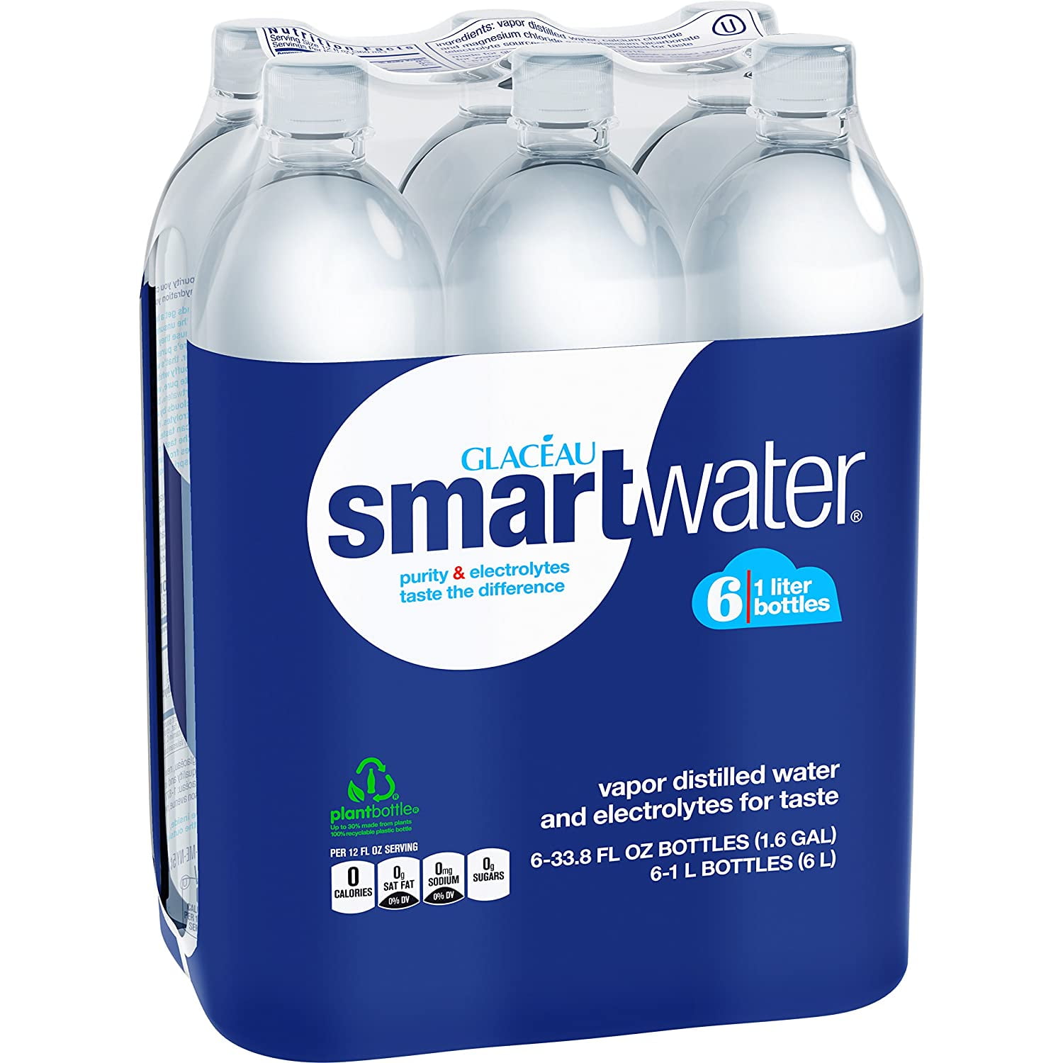 smartwater vapor distilled premium water bottles, 1 Liter, 6 Pack ...