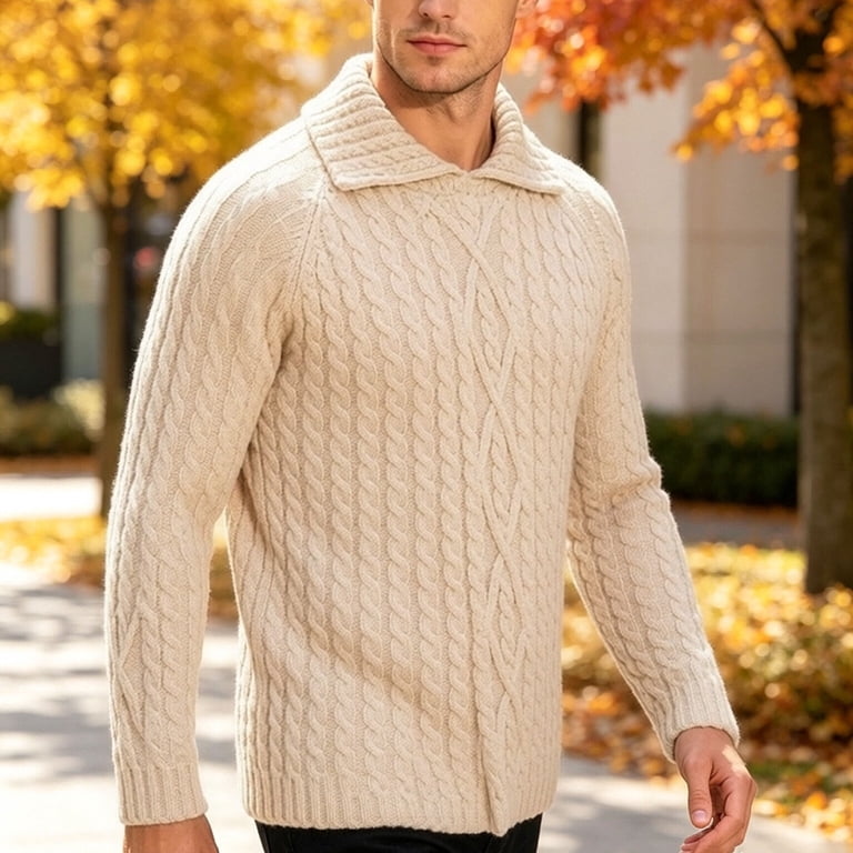ShomPort Mens Cable Knit Sweaters Long Sleeve Lapel Slim Sweater Layer ...