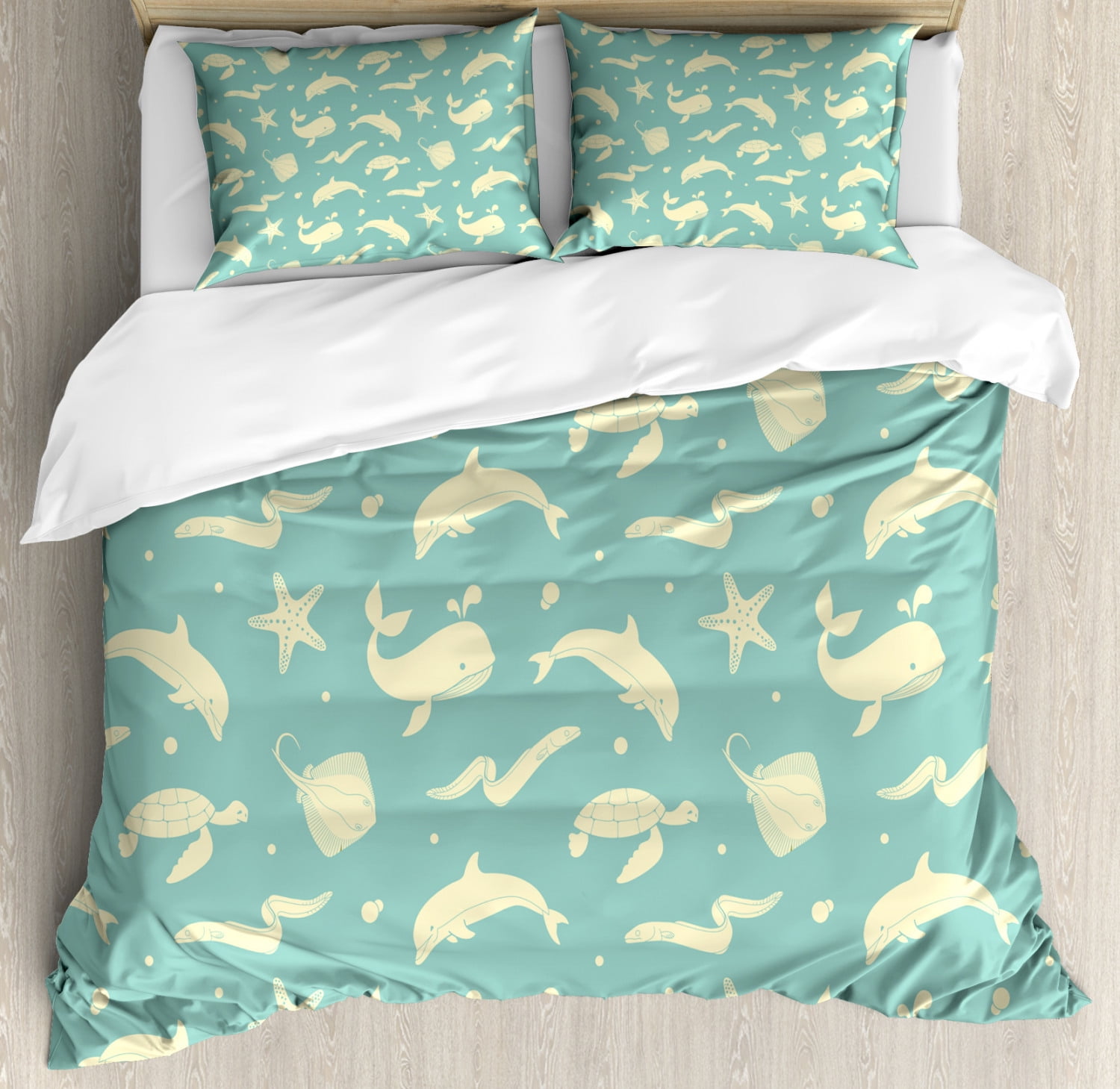 Whales Duvet Cover Set King Size, Childish Pastel Toned Pattern of ...