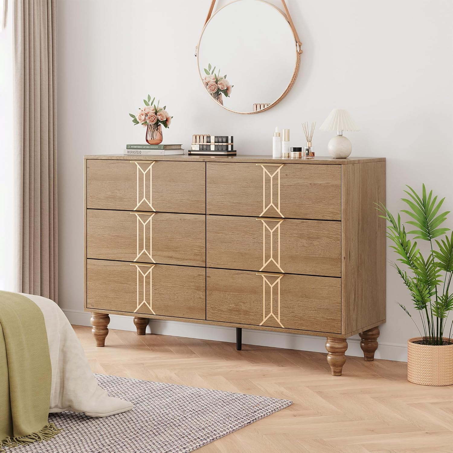 Click here for Jotoa Vintage Style 6-Drawer Dresser In Oak & Gold... prices
