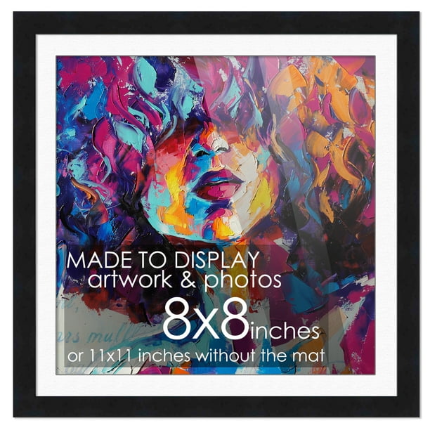 8x8 Frame Black Matted for 8x8 Picture or 11x11 Art Poster Without Photo Mat - Display Your 8 x ...