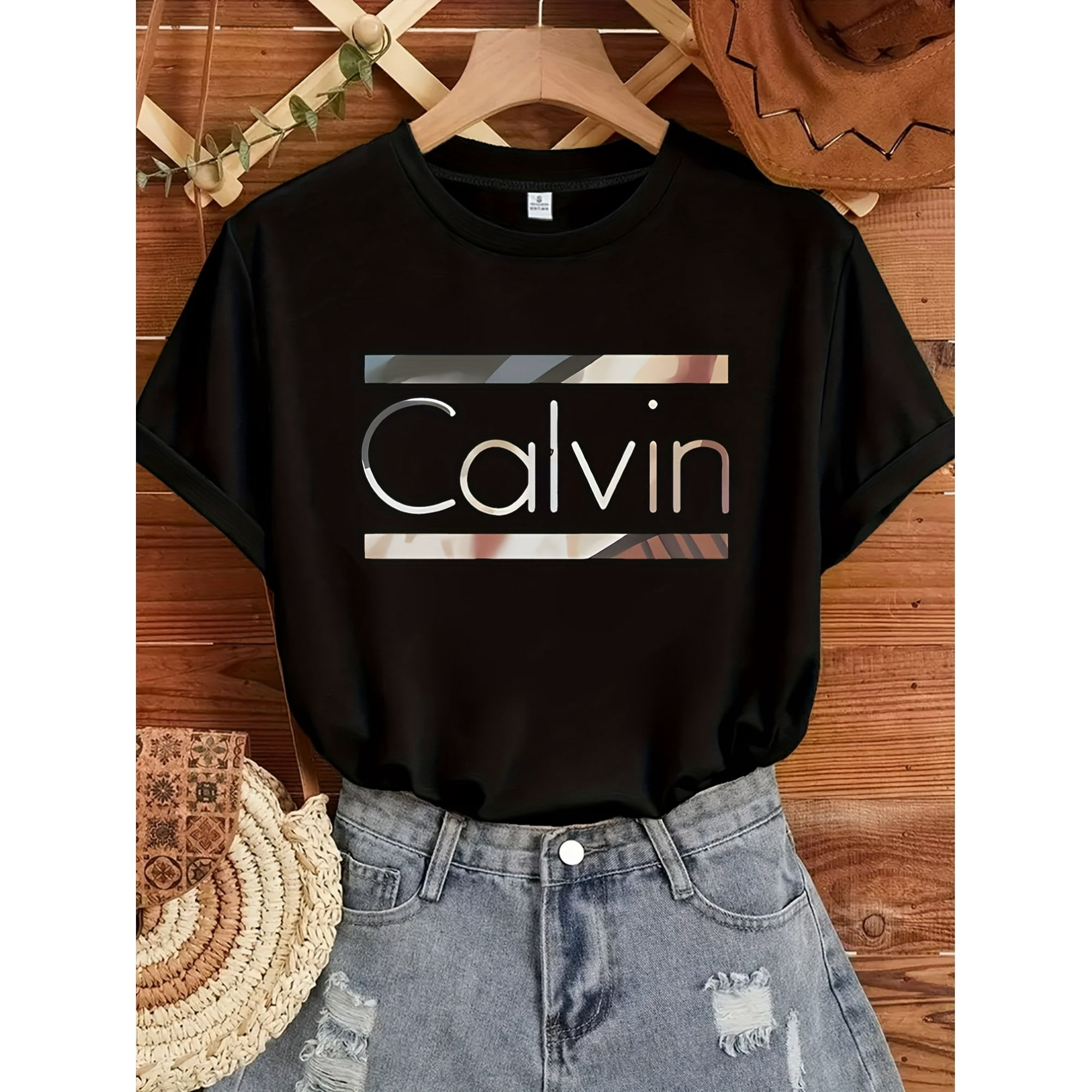 Click here for Generic Calvin Letter Print T-Shirt  Round Neck Sh... prices