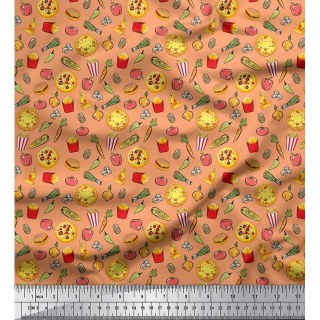 Soimoi Crepe Silk Fabric Vegetable,Burger & Pizza Food Print Fabric by ...