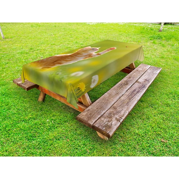 Cat Outdoor Tablecloth, Animal Theme Cat Hunting a Ladybug Nature Grass ...
