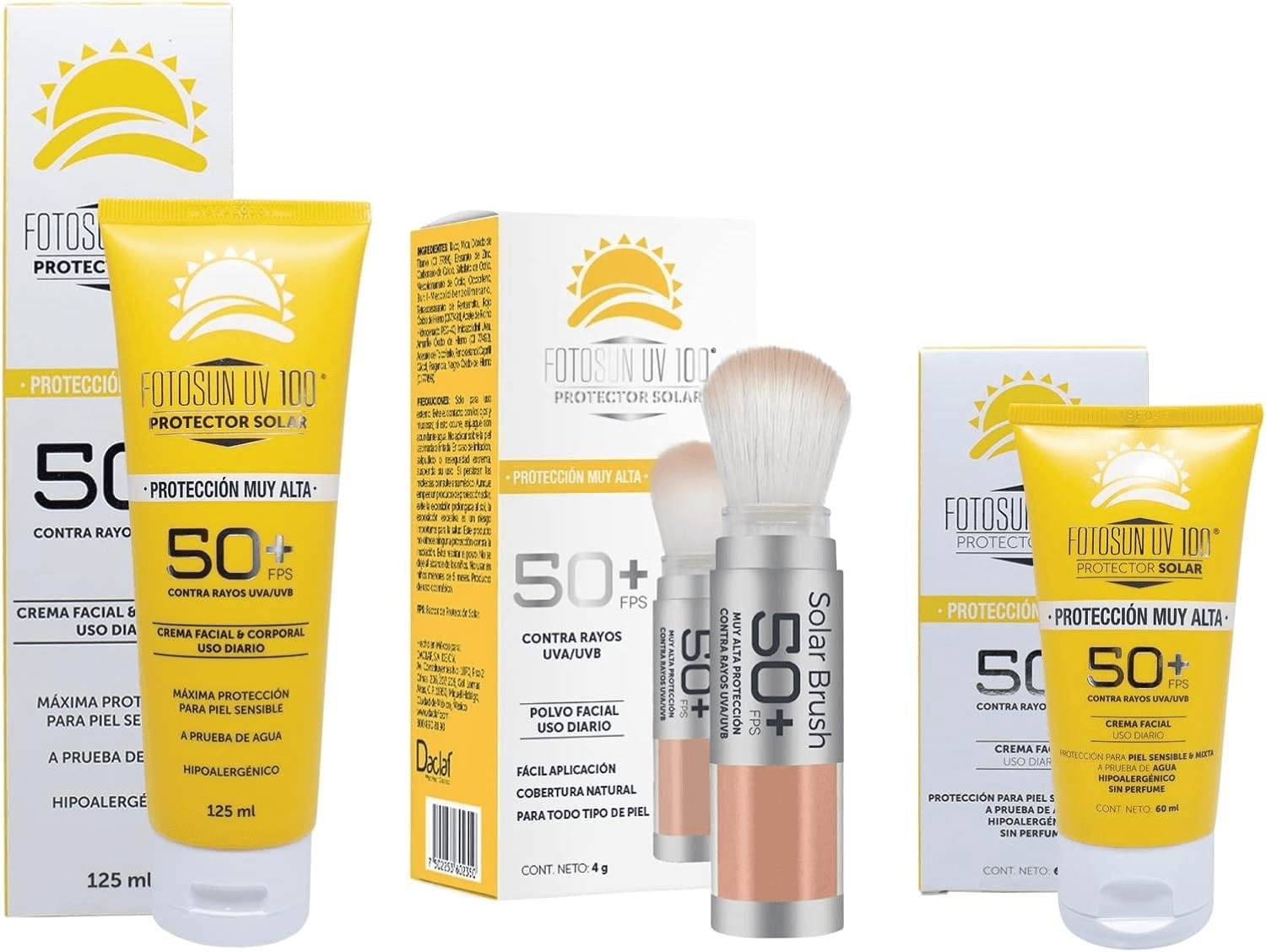 Protección Solar Fotosun UV 100 Fotoprotector Solar Brush en Polvo con Brocha, Crema Facial y ...