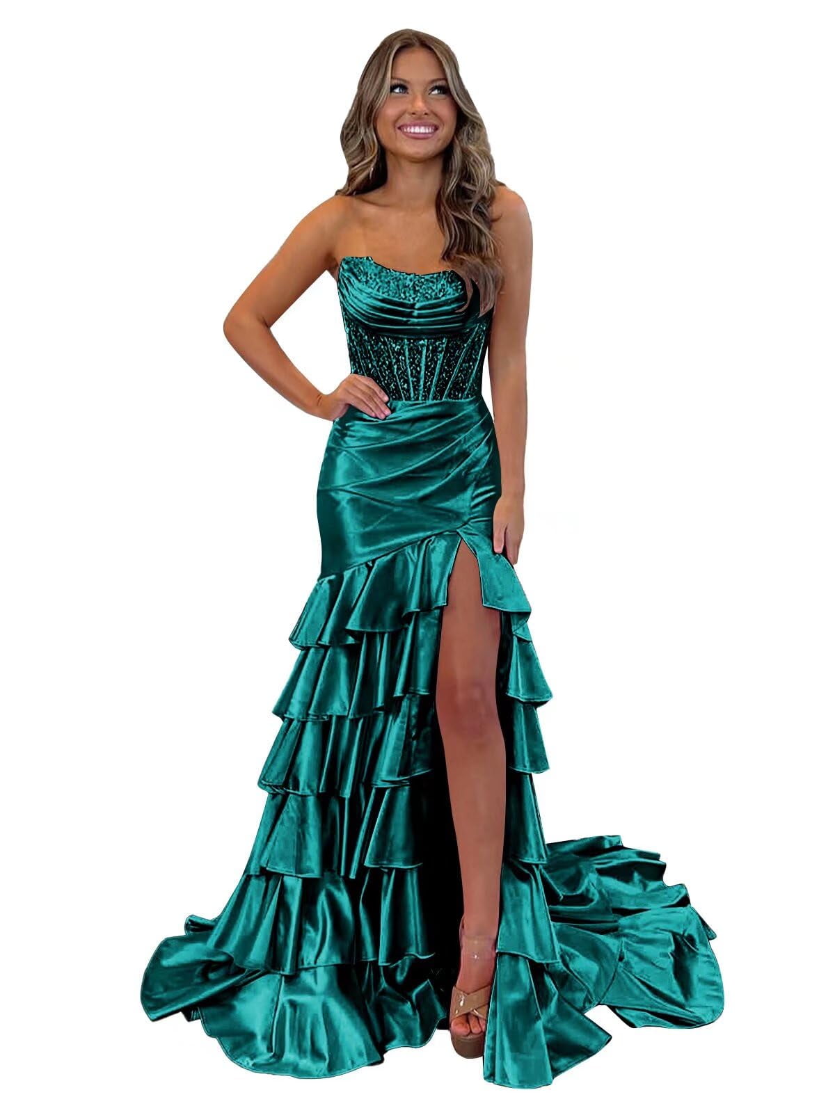 Vestido de fiesta Mollyevers, corsé, talla grande, sirena, satén verde ...