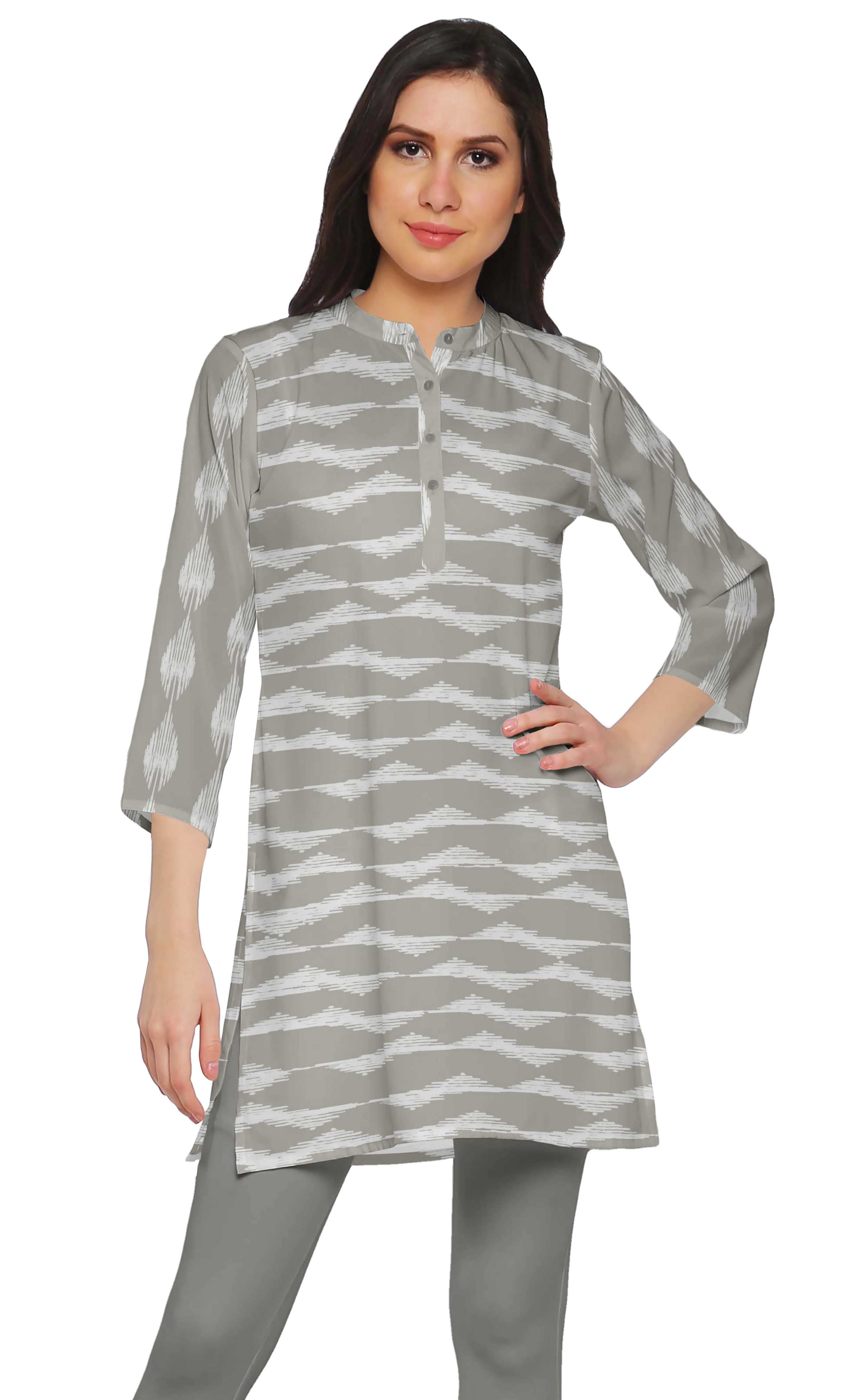 Moomaya Printed Indian Short Kurti Dress Poly Crepe Tunic Close Collar ...