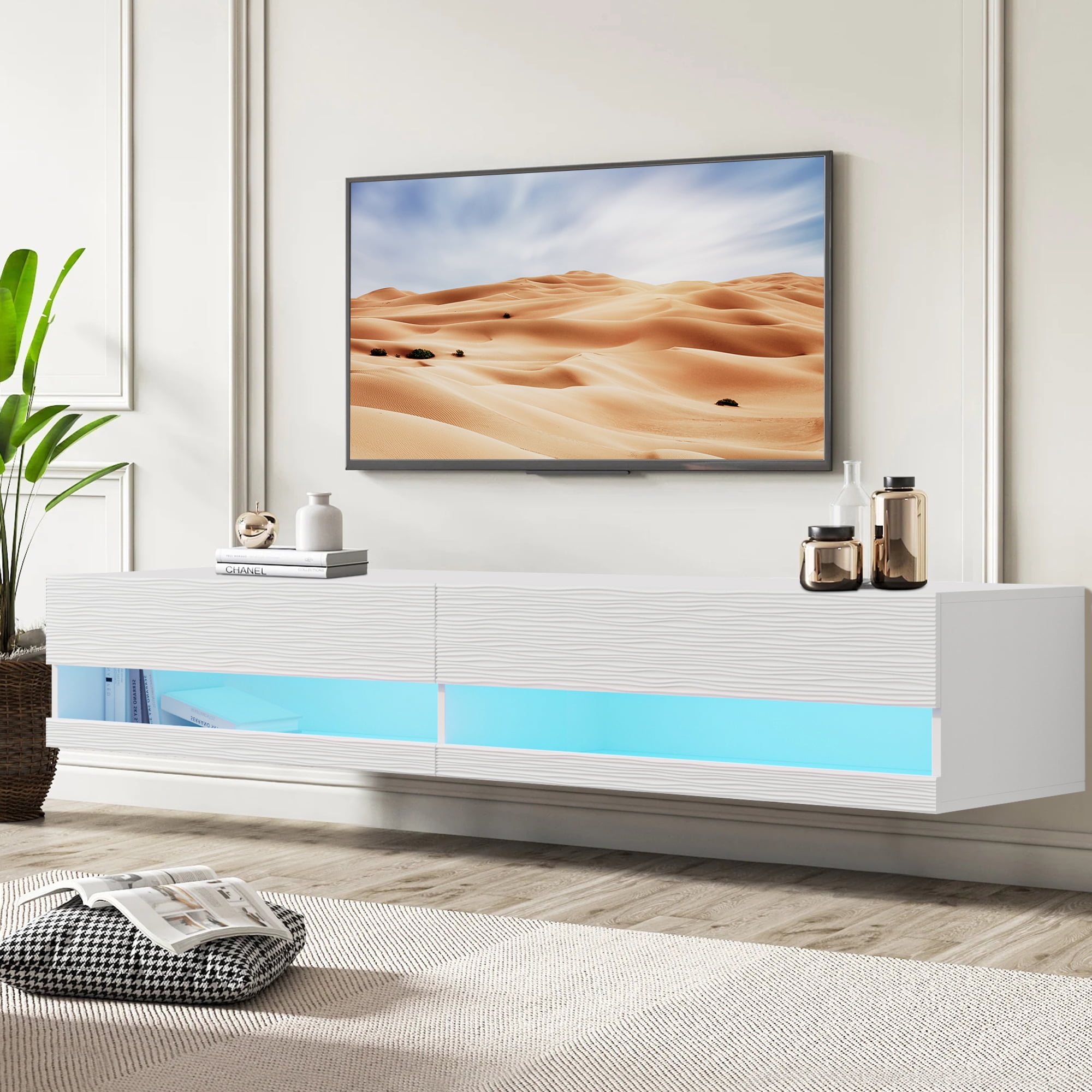 HSUNNS Wall Mounted TV Stand with LED Lights and Storage Drawers, Mid ...