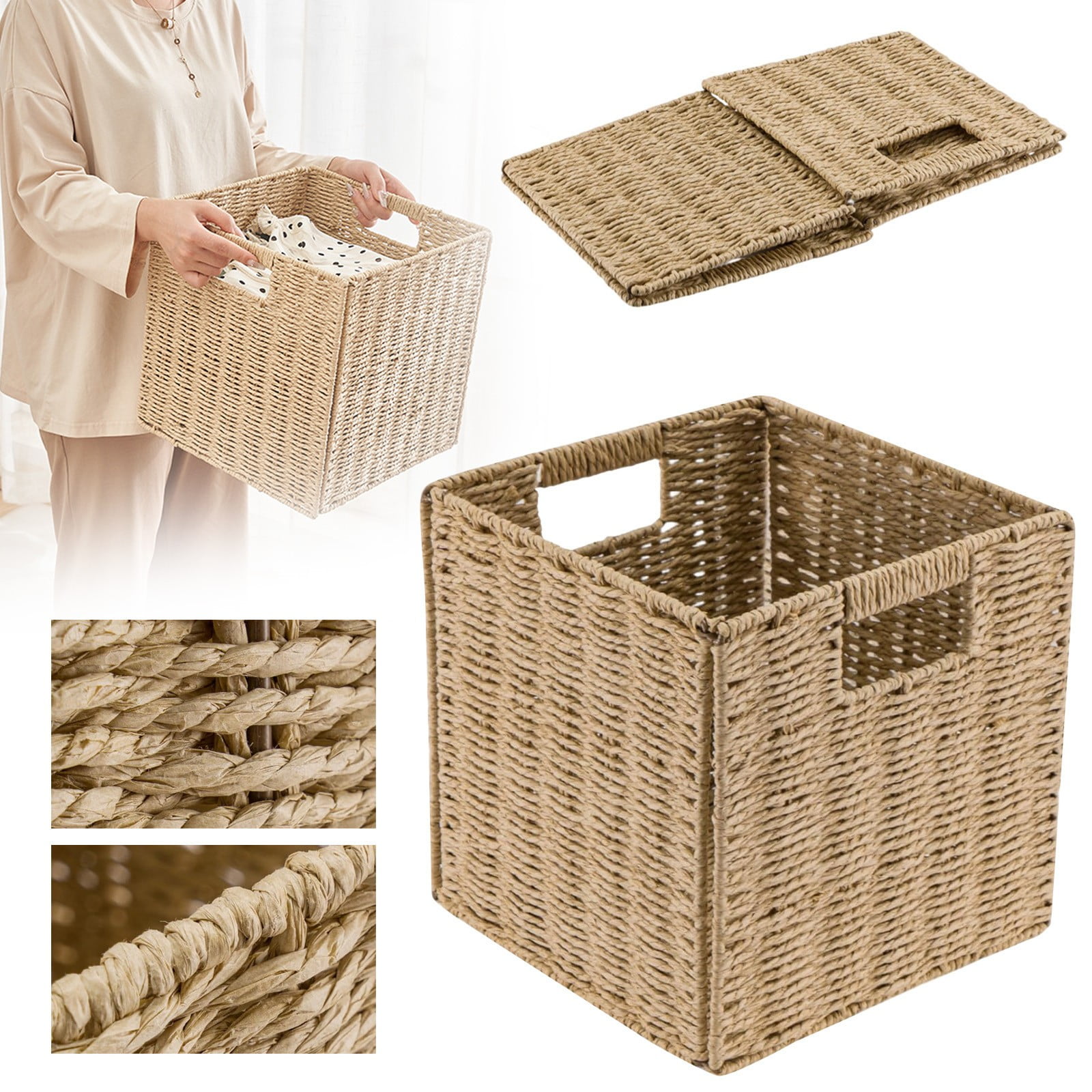 Uhgeax Foldable Storage Baskets Set Of 2 Natural Wicker Organizer With Handles For Home Bathroom Nursery Or Laundry (9.6 X 9.6 X 9.6) One Size