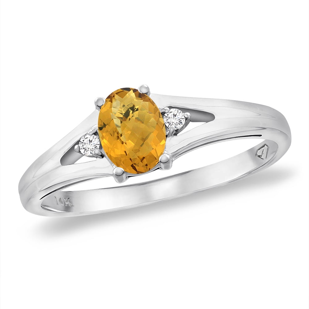 14K White Gold Diamond Natural Whisky Quartz Engagement Ring Oval 6x4 ...