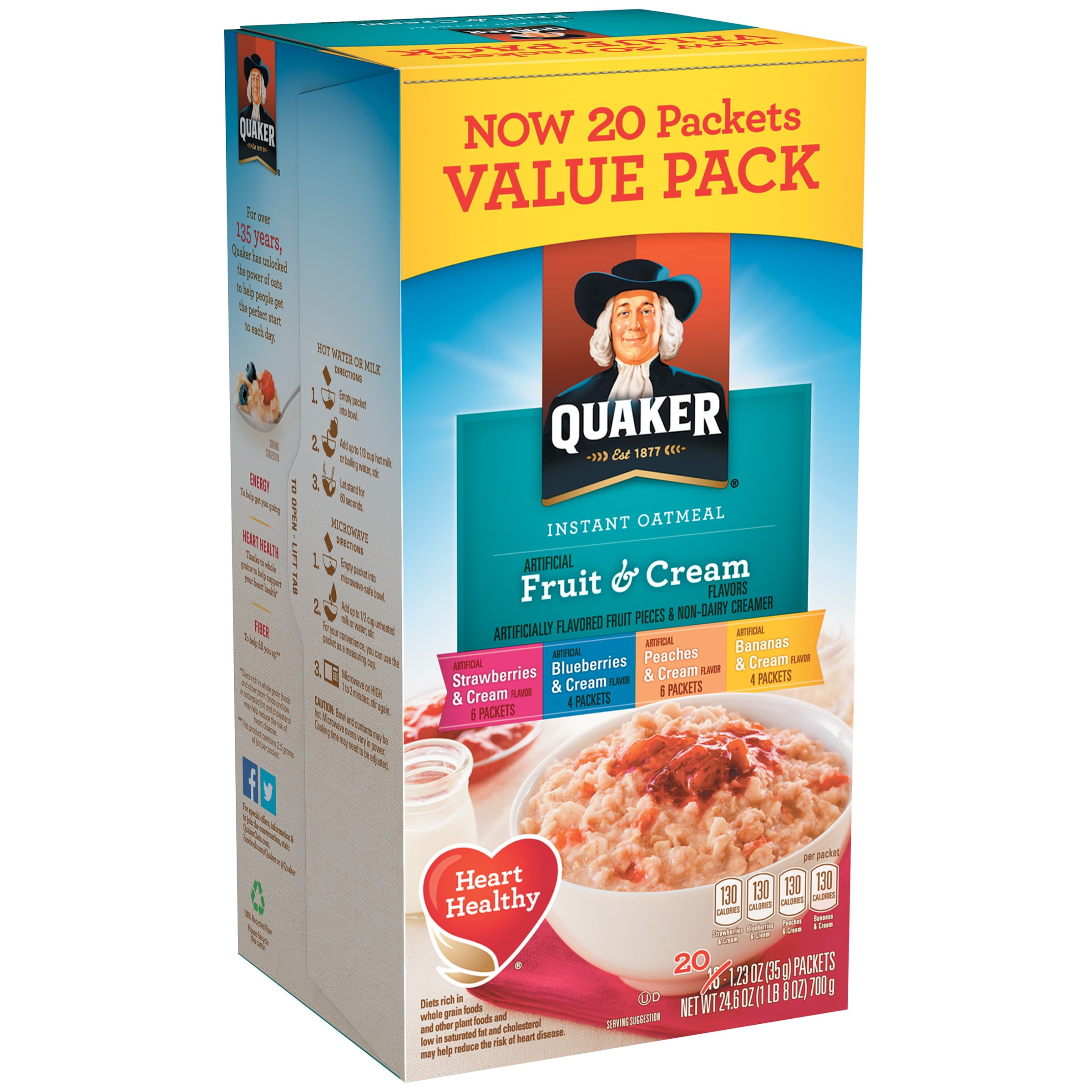 Quaker Instant Oatmeal Fruit and Cream Variety Pack, Breakfast Cereal ...