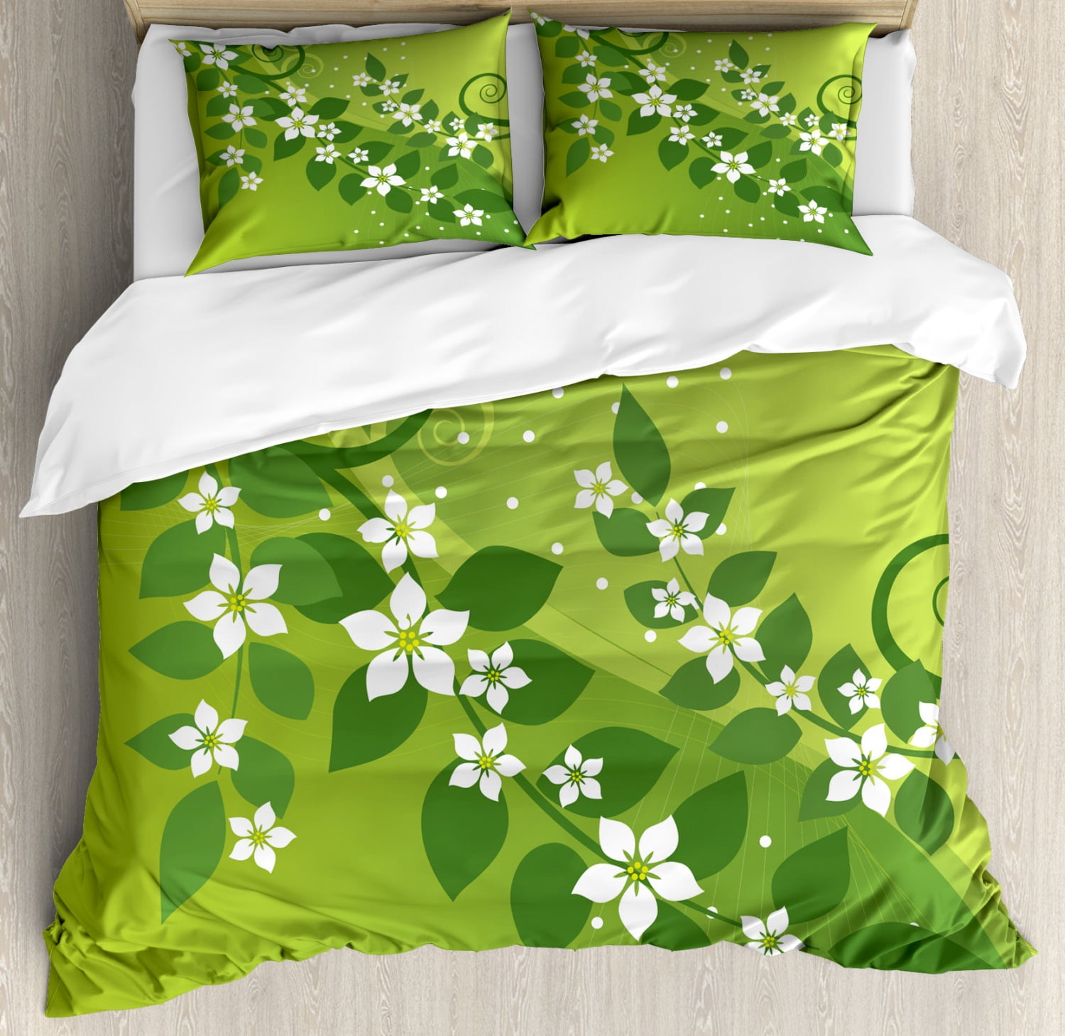 Jasmine Duvet Cover Set Queen Size, Stylized Curvy Leaves Swirls with ...