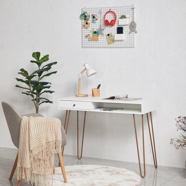 Caffoz Home Office Computer Hairpin Leg Desk with Drawer, White ...