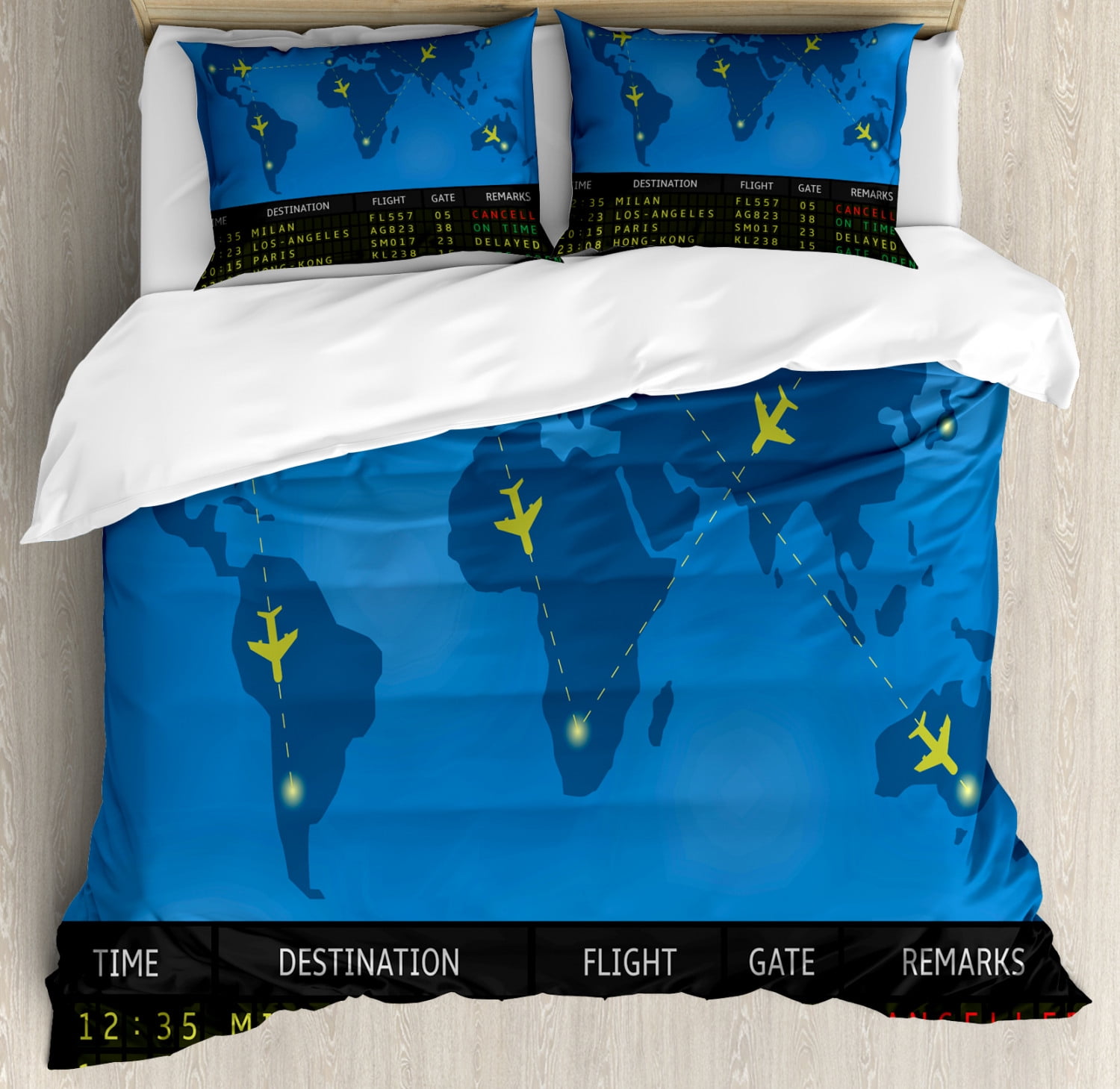 Airport Duvet Cover Set King Size, Departure Board Graphic with World ...