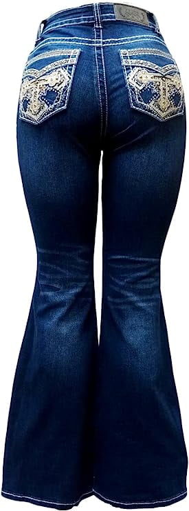 H&Y Women's 70s Trendy Sexy Rhinestone Studded Flare Fitted High Waist ...