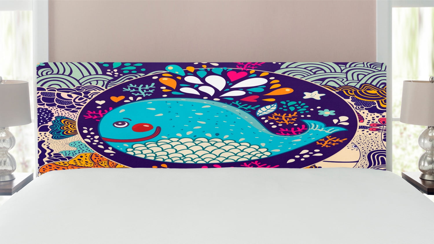 Sea Animals Headboard, Cartoon Illustration with Smiling Whale in ...