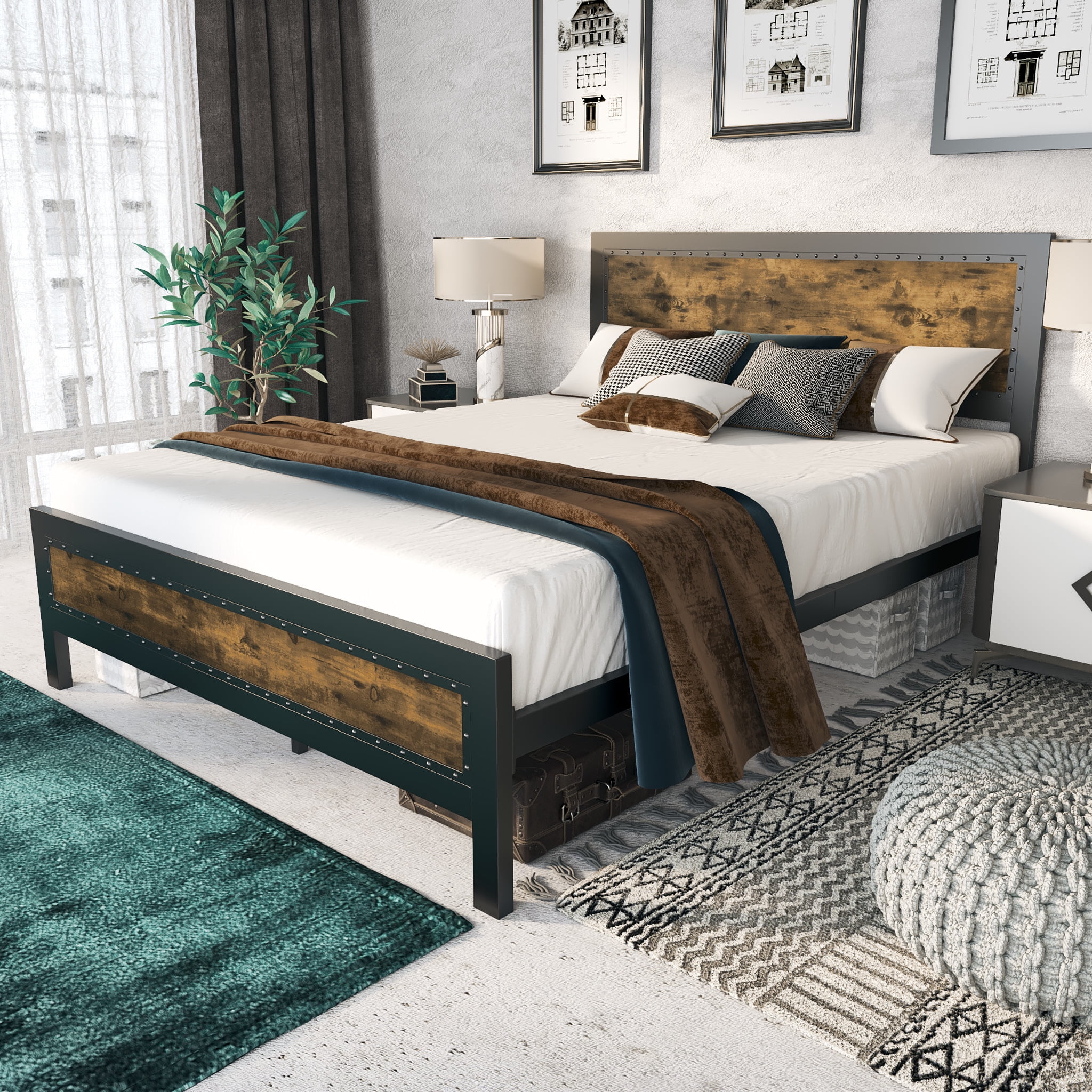 Amolife Queen Size Heavy Duty Metal Bed Frame with Rivet and 13 Strong ...