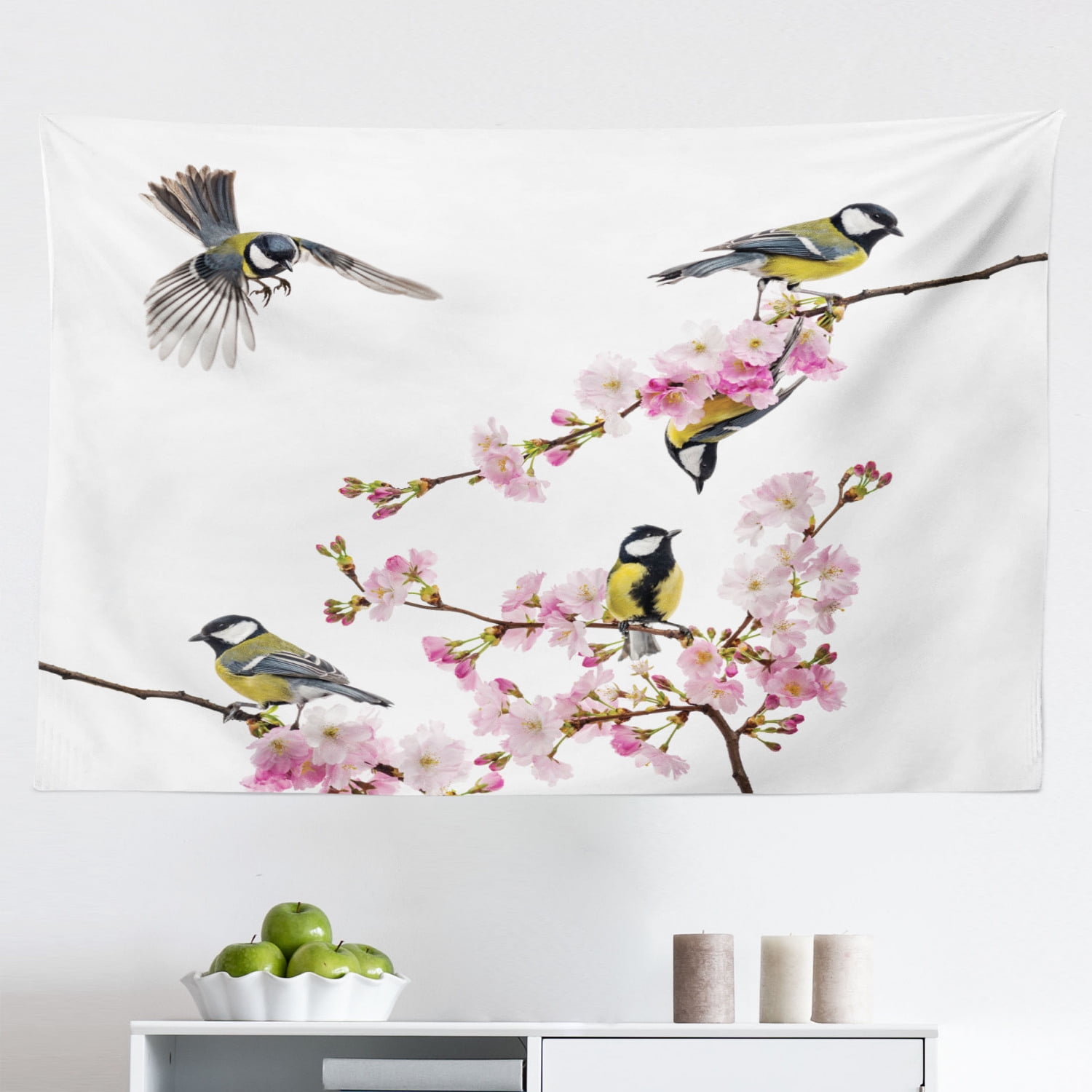 Birds Tapestry, Colored Composition Bird Set with Poly Design Triangle ...