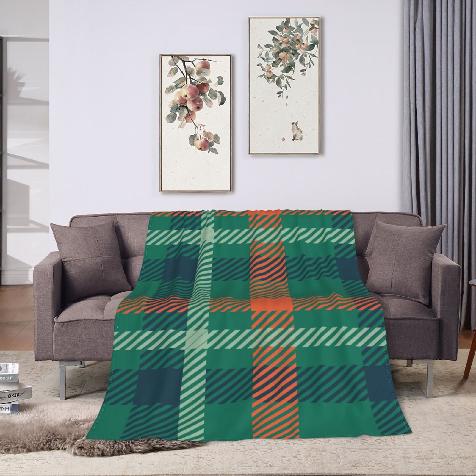 ZNDUO Green Textured Plaid Pattern Throw Blanket, Lightweight Cozy Soft ...